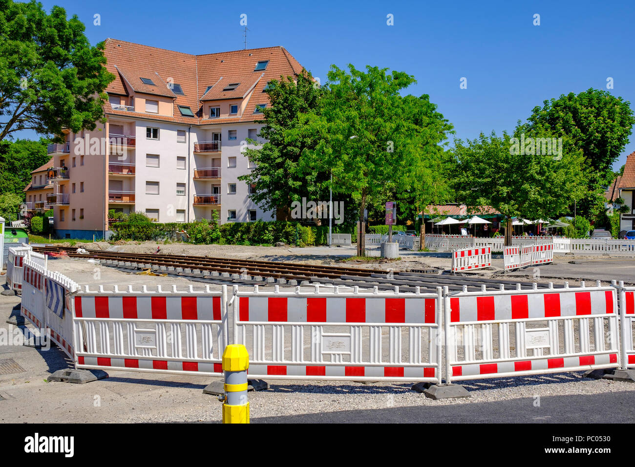 Strasbourg, tram construction site, safety plastic barriers, railway ...