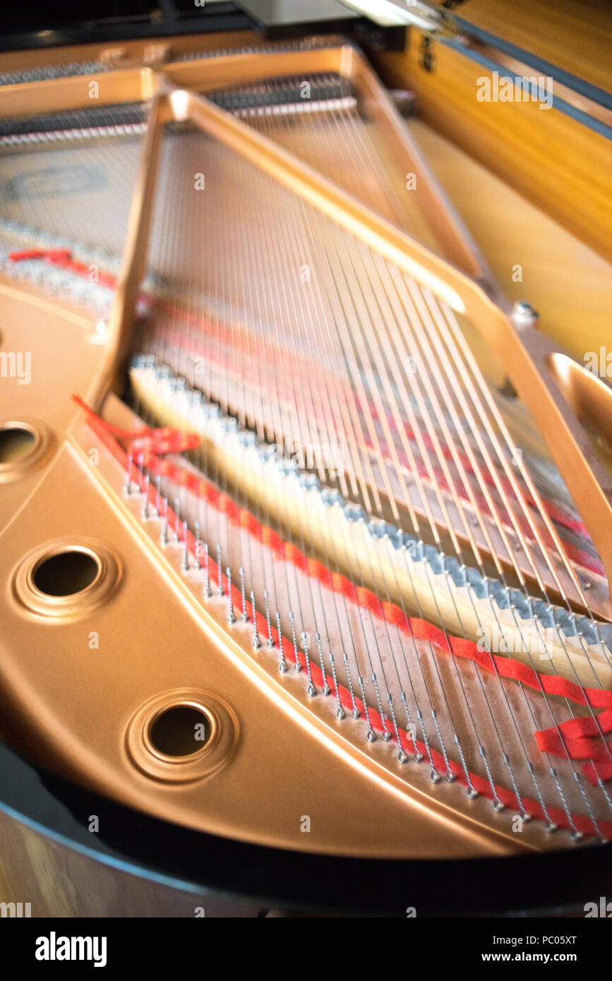 Concert hall grand piano strings ready for classical music performance ...