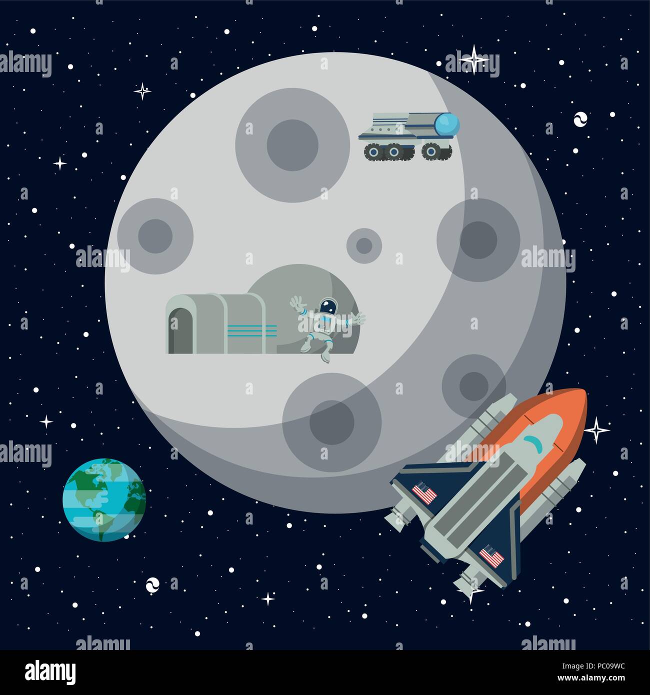 Moon with astronaut and vehicle and spaceship around vector ...