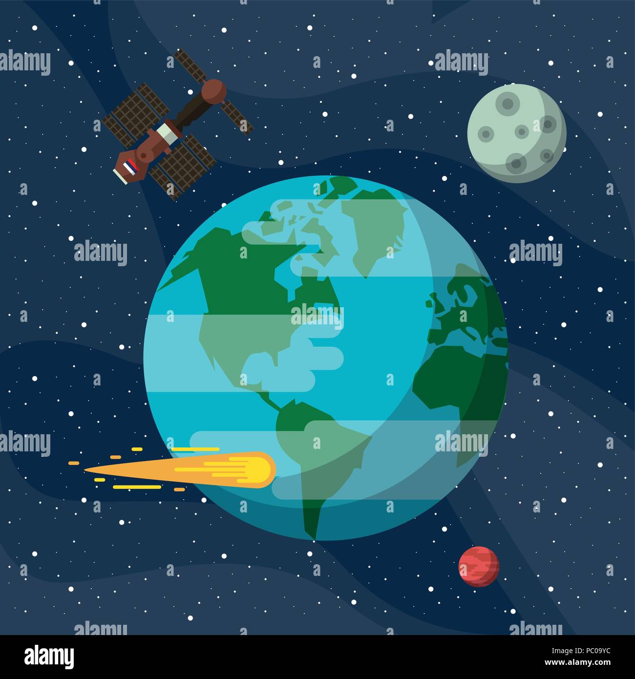 Earth with satellite flying around cartoons vector illustration graphic ...