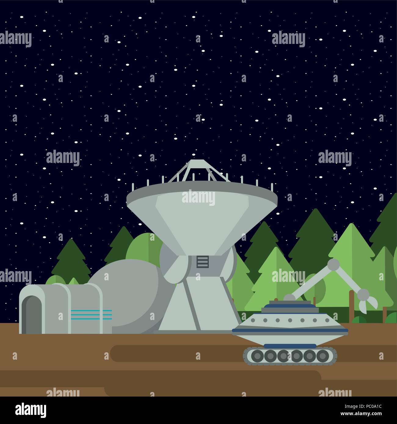 Spaceship base with big telescope on planet vector illustration graphic ...