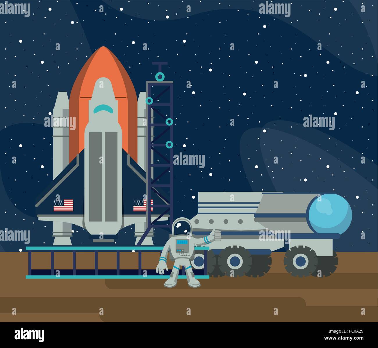 Spaceship base with astronaut on planet cartoon vector illustration ...