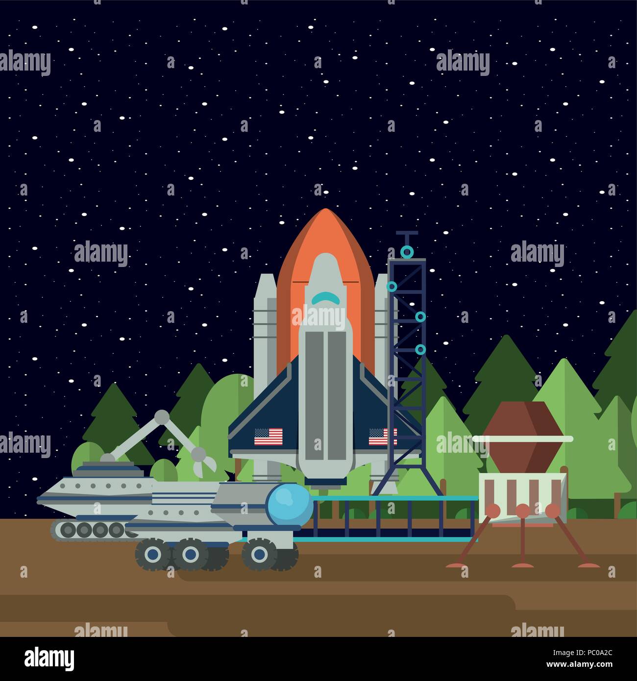 Spaceship base on planet cartoon vector illustration graphic design ...