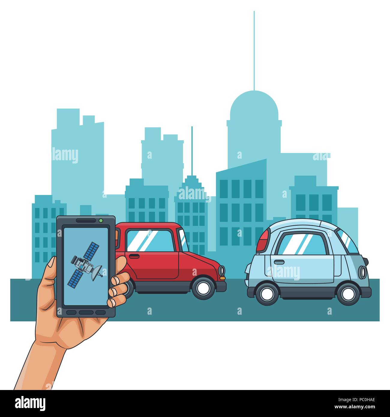 Hand using smartphone to track cars at city vector illustration graphic ...