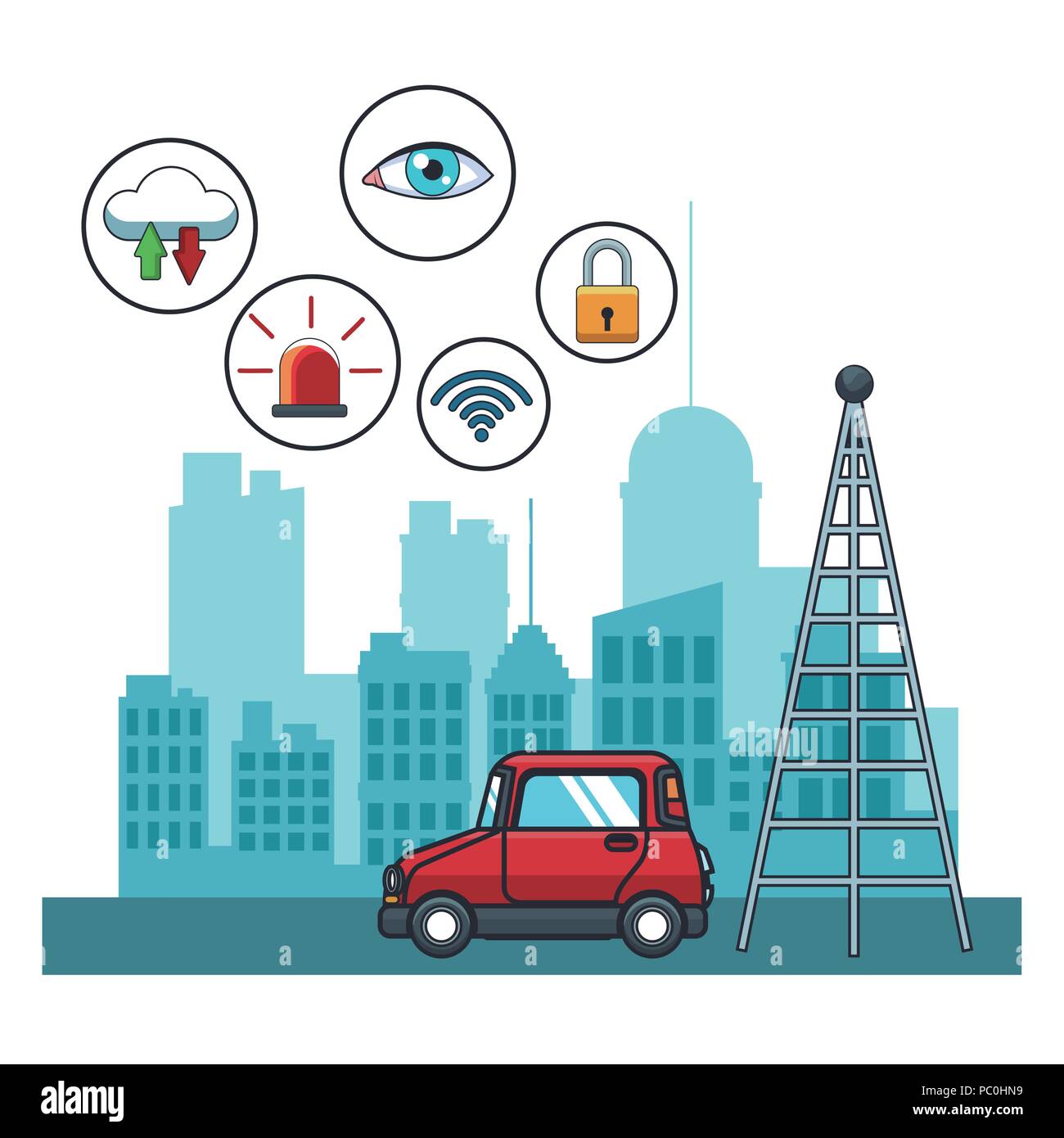 Car at city with gps tracking system round icons vector illustration ...