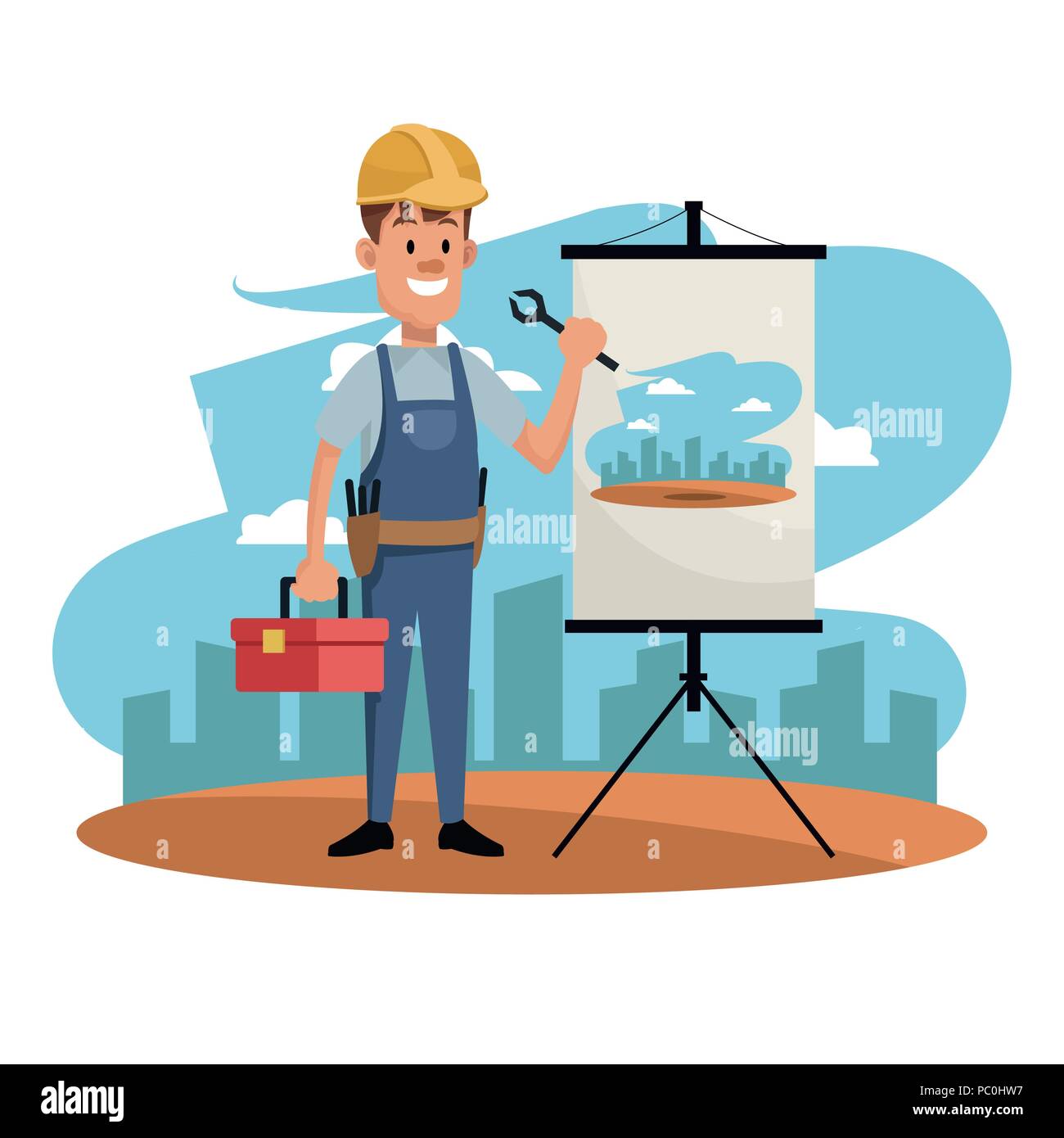 Construction worker with plans on whiteboard vector illustration ...