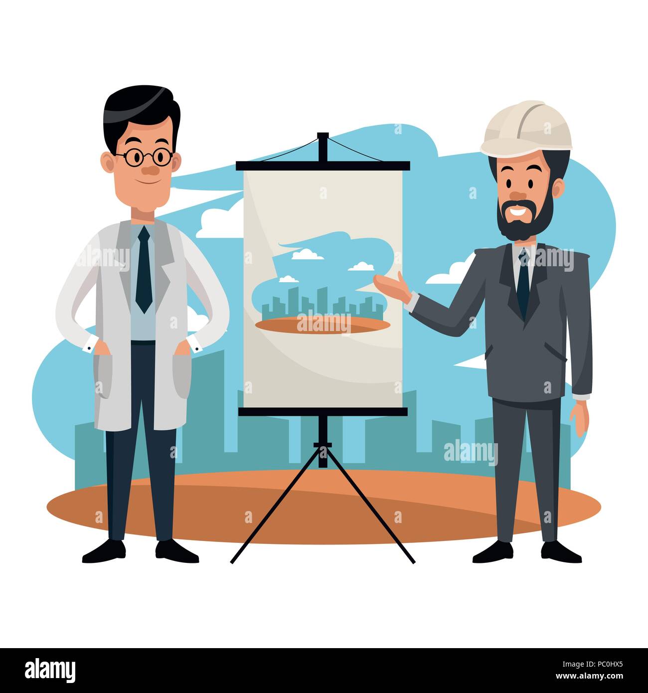 Architect exposing construction plant to doctor vector illustration ...
