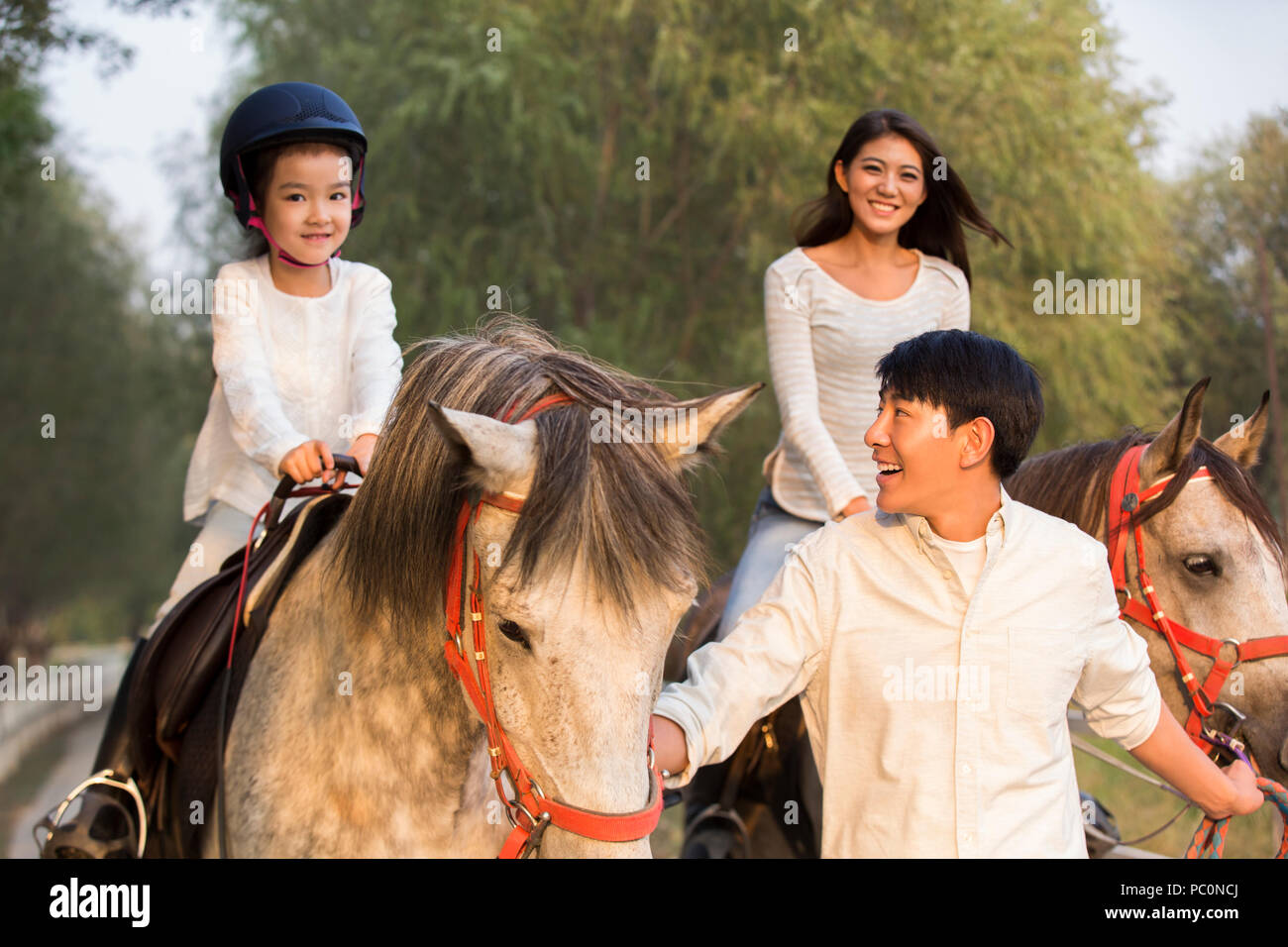 Cheerful young Chinese family riding horses Stock Photo - Alamy