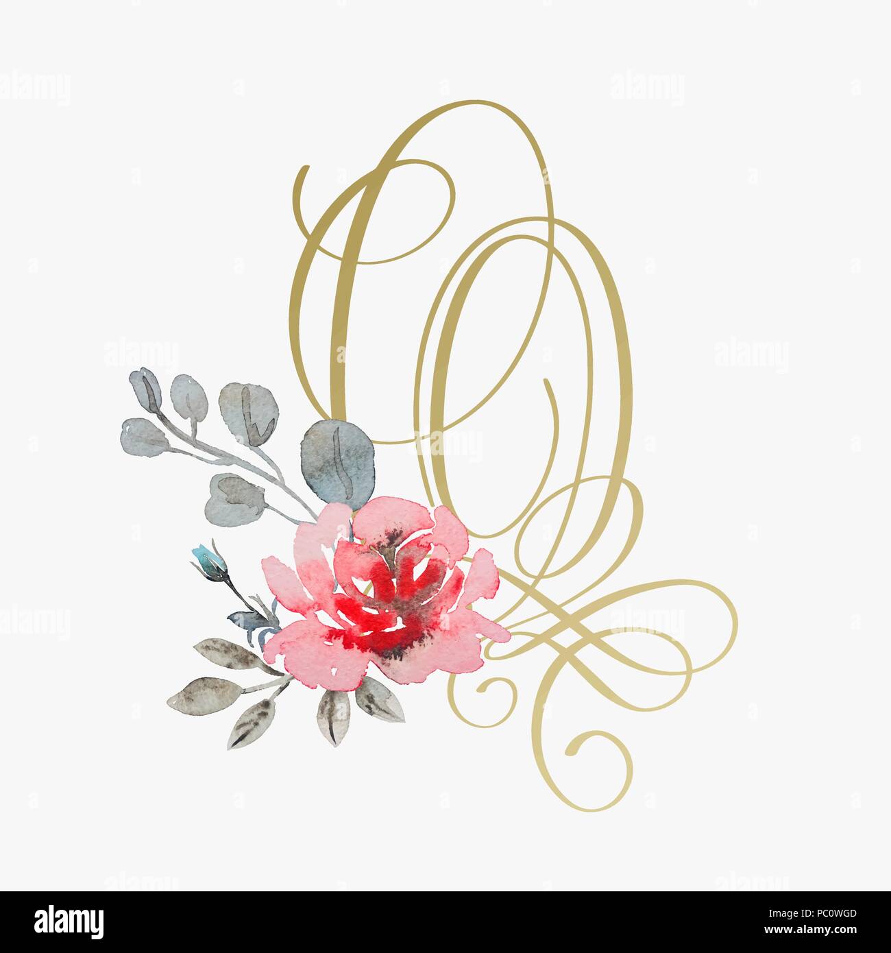 golden hand lettering font with handmade rose flower, calligraphy ...