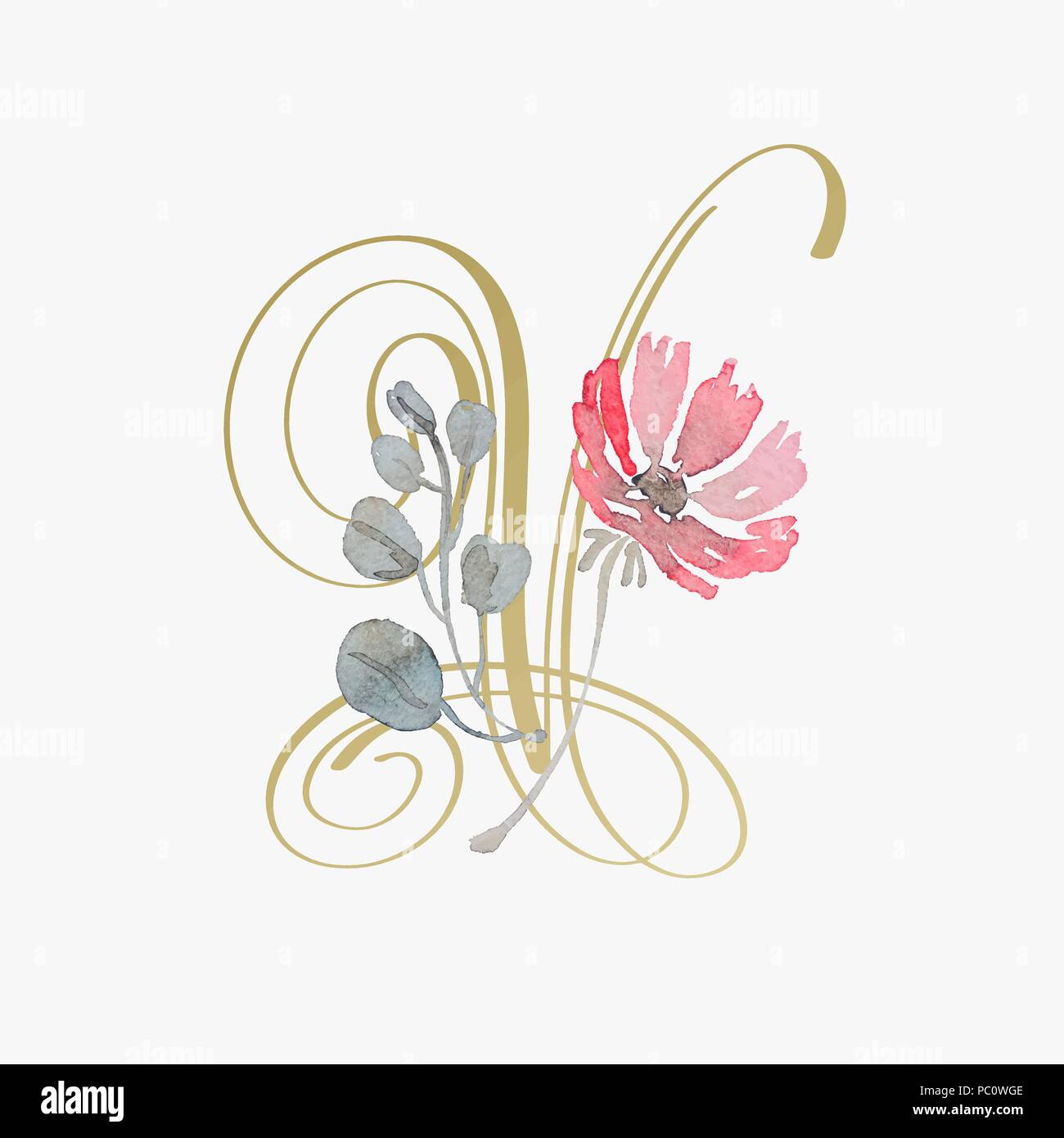 golden hand lettering font with handmade rose flower, calligraphy ...