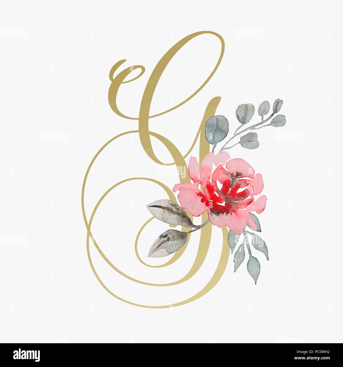golden hand lettering font with handmade rose flower, calligraphy ...