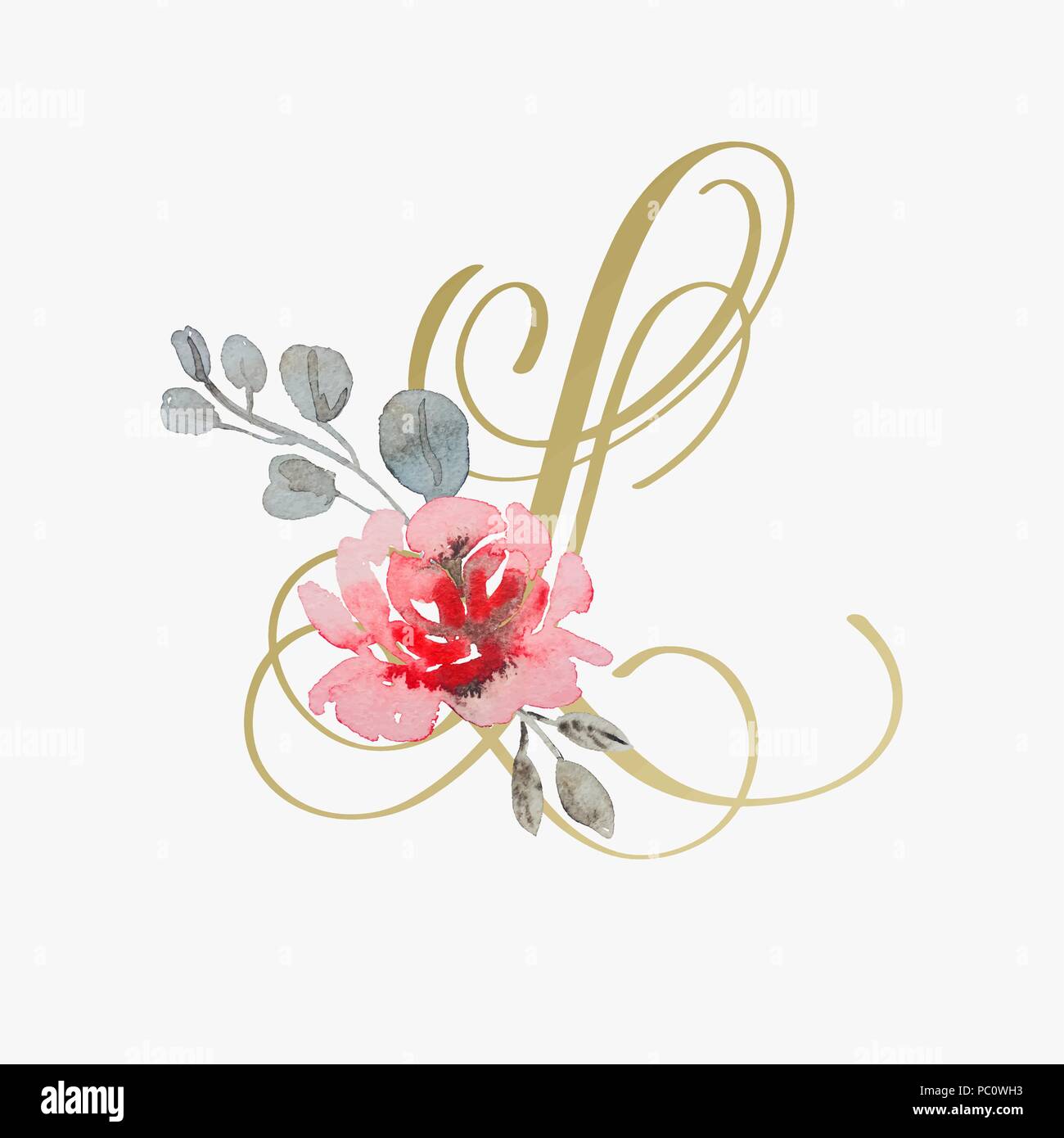 golden hand lettering font with handmade rose flower, calligraphy ...