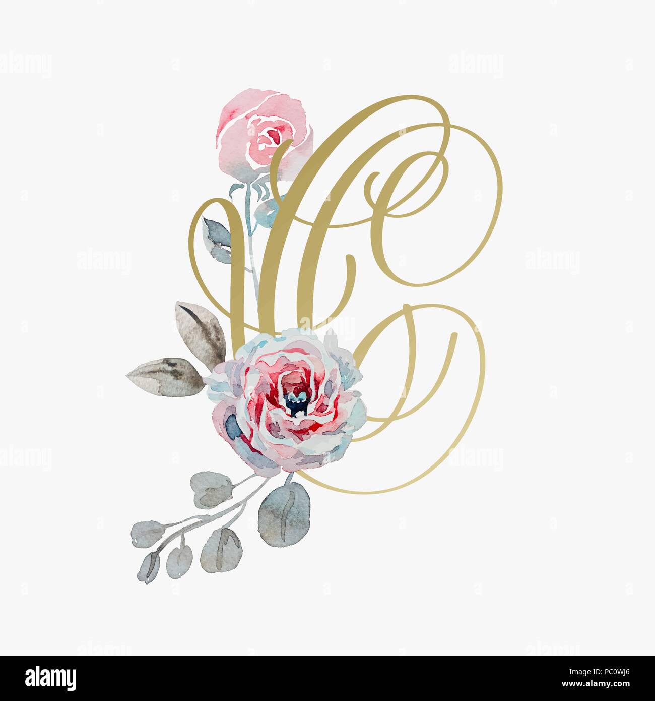 golden hand lettering font with handmade rose flower, calligraphy ...