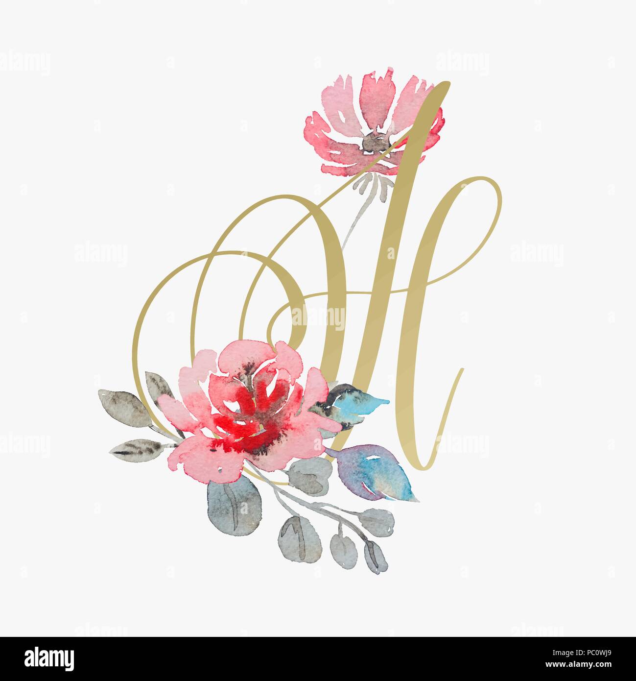 golden hand lettering font with handmade rose flower, calligraphy ...