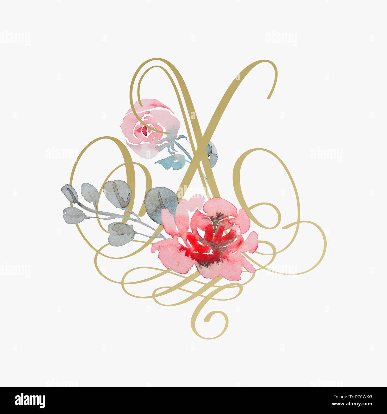 golden hand lettering font with handmade rose flower, calligraphy ...