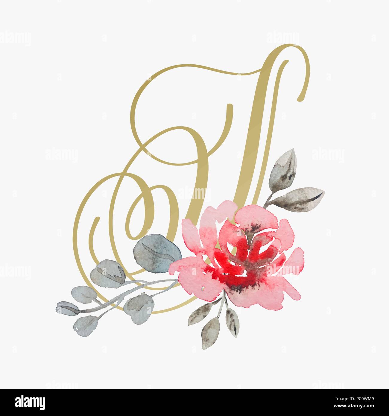 golden hand lettering font with handmade rose flower, calligraphy ...
