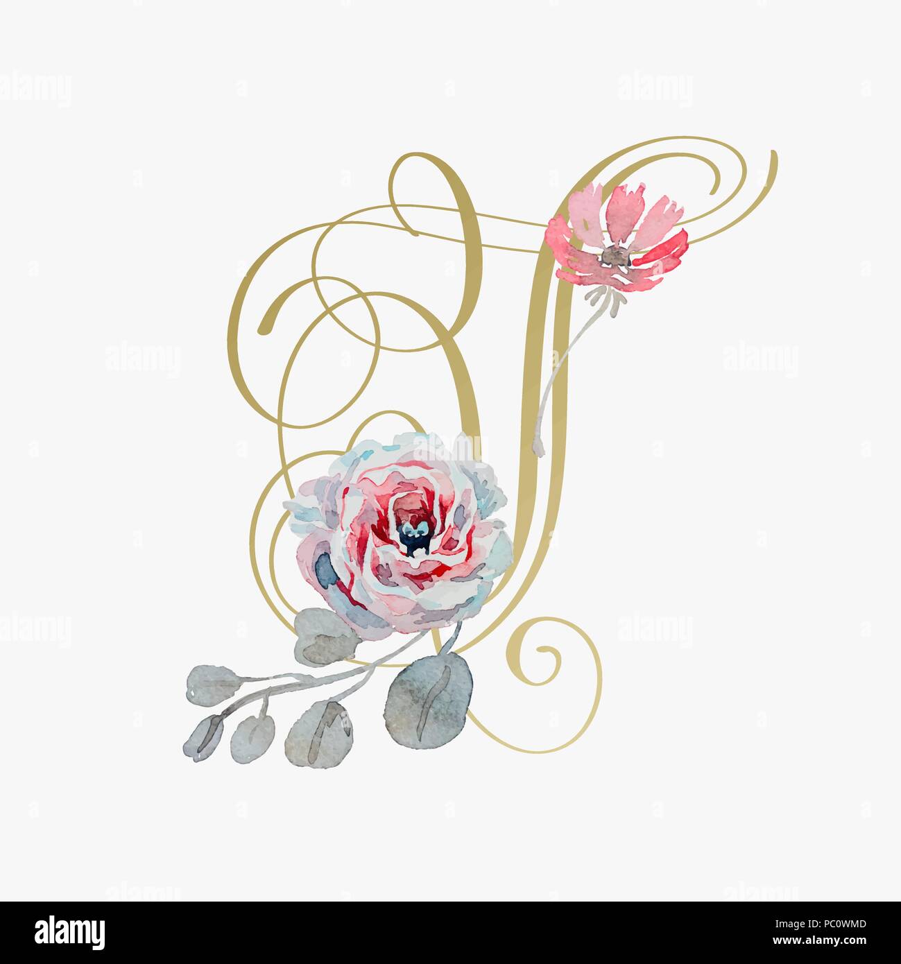 golden hand lettering font with handmade rose flower, calligraphy ...