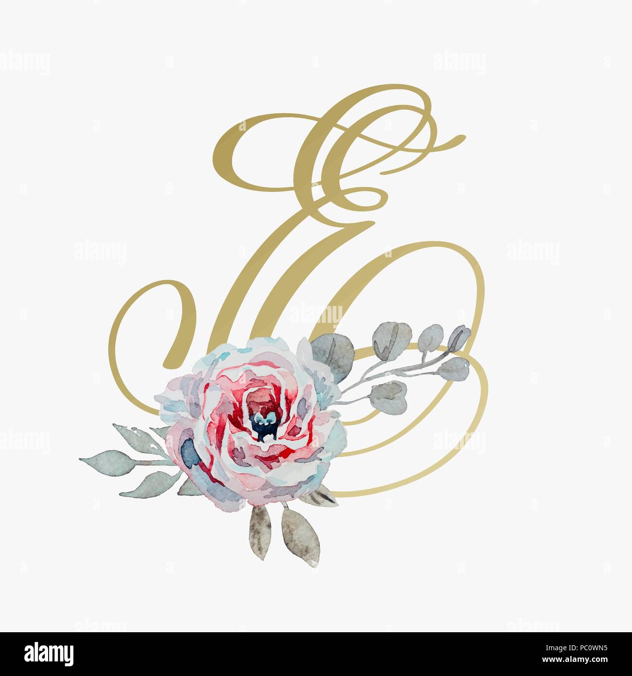 golden hand lettering font with handmade rose flower, calligraphy ...