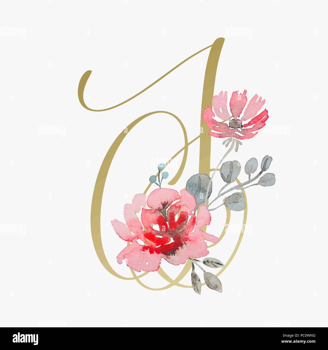 golden hand lettering font with handmade rose flower, calligraphy ...