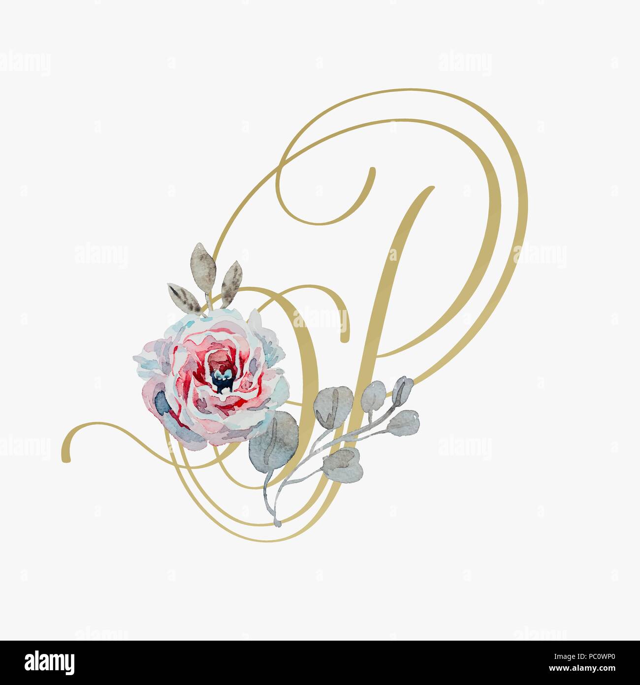 golden hand lettering font with handmade rose flower, calligraphy ...