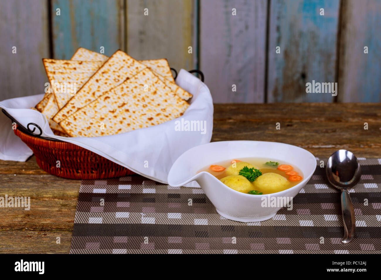 Hot Homemade Matzo Ball Soup in a Bowl Passover Jewish holiday Food ...