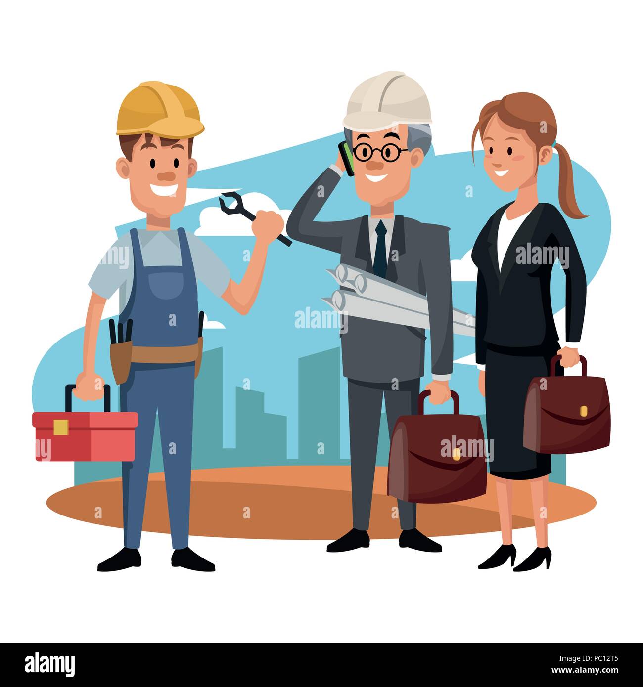 Business architects talking with construction worker vector ...