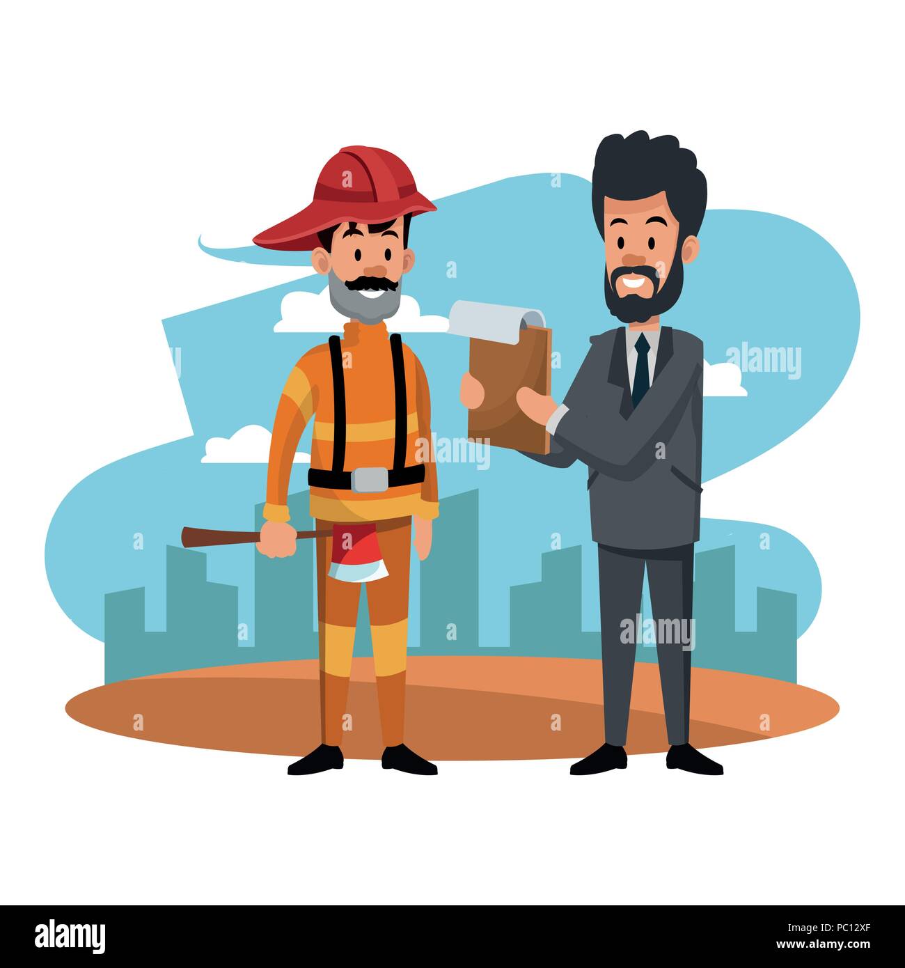 Firefighter and businessman with clipboard at city vector illustration ...