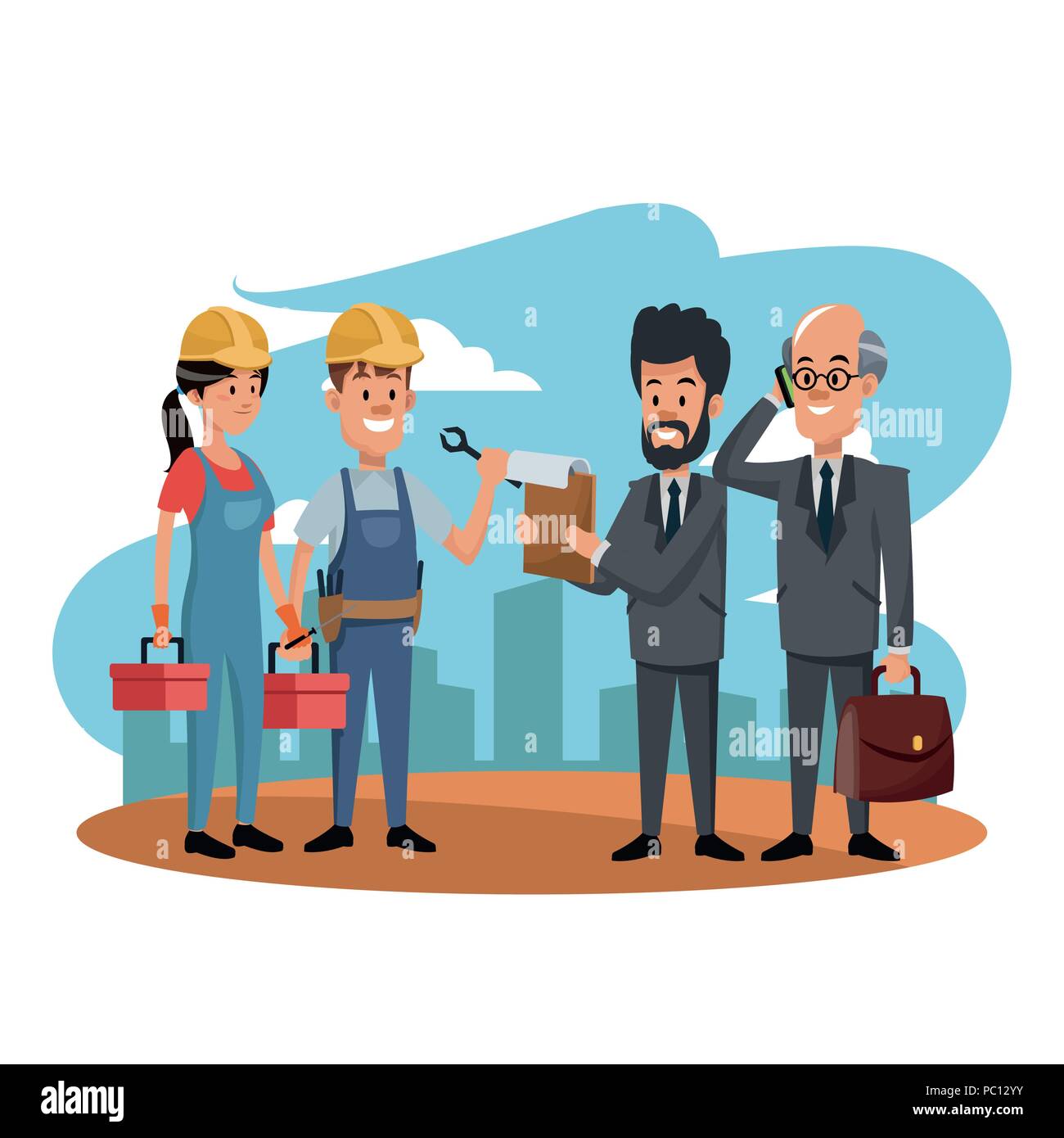 Architects talking with construction workers vector illustration ...