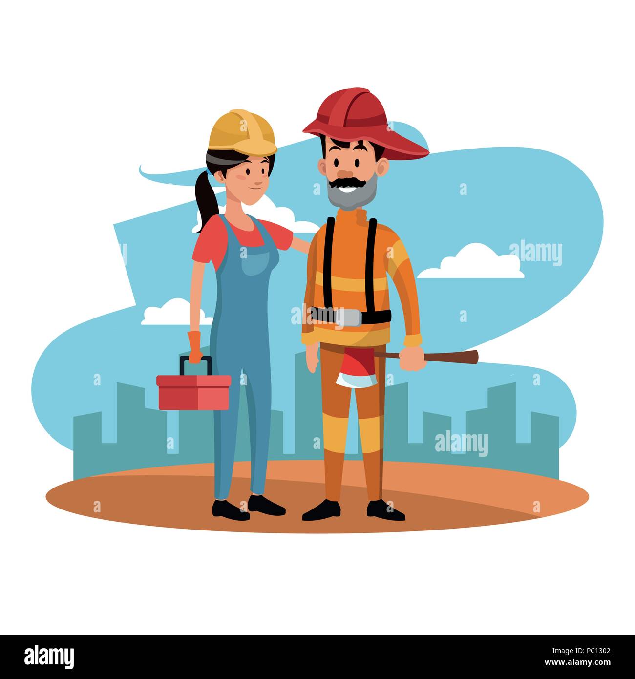 Woman worker with firefigther cartoons vector illustration graphic ...