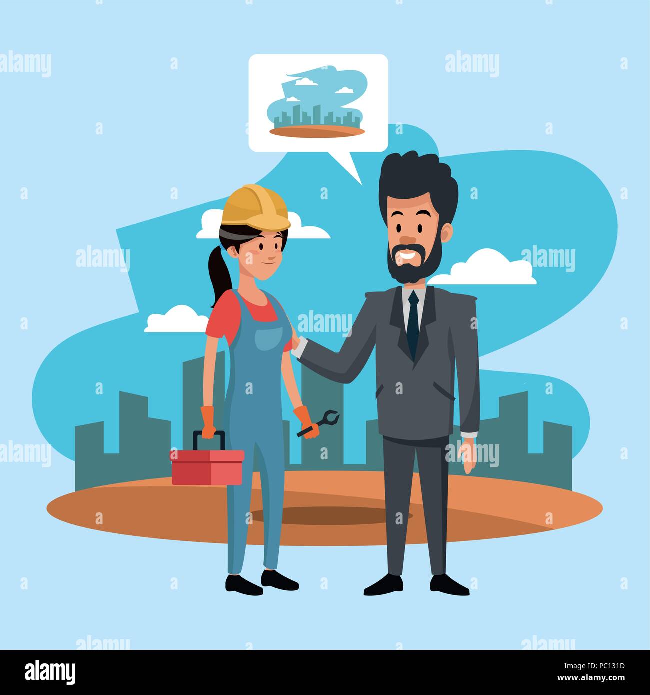 Young architect talking with construction worker cartoons vector ...