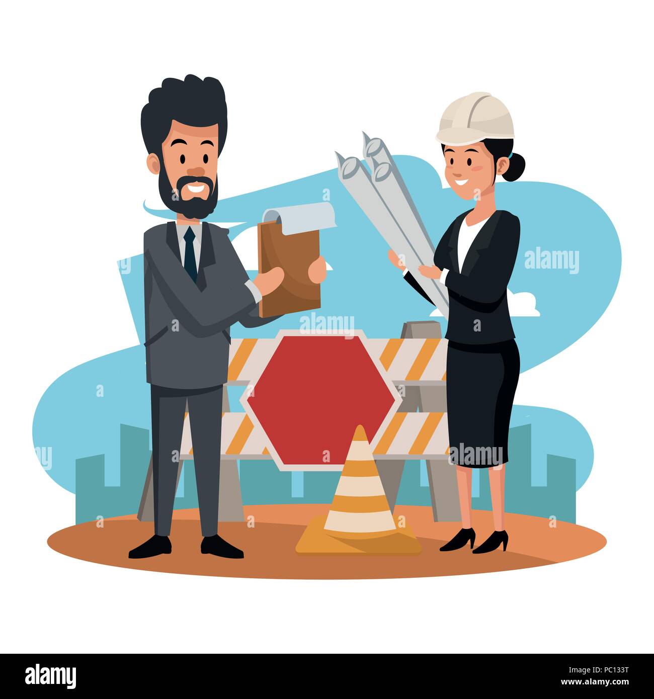 Businessman and woman architect at construction zone vector ...