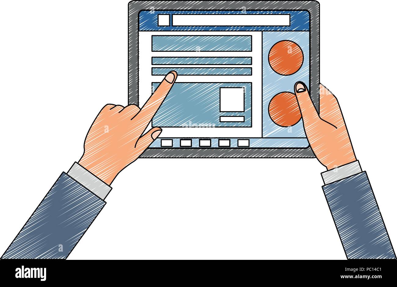 Hands using tablet to check social networks vector illustration graphic ...