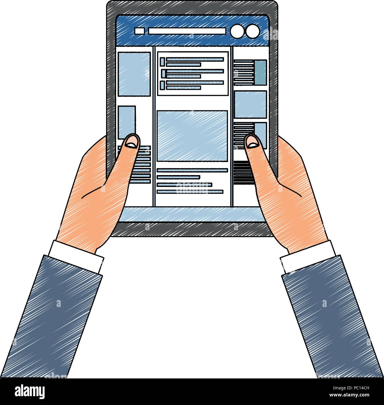 Hands using tablet to check social networks vector illustration graphic ...