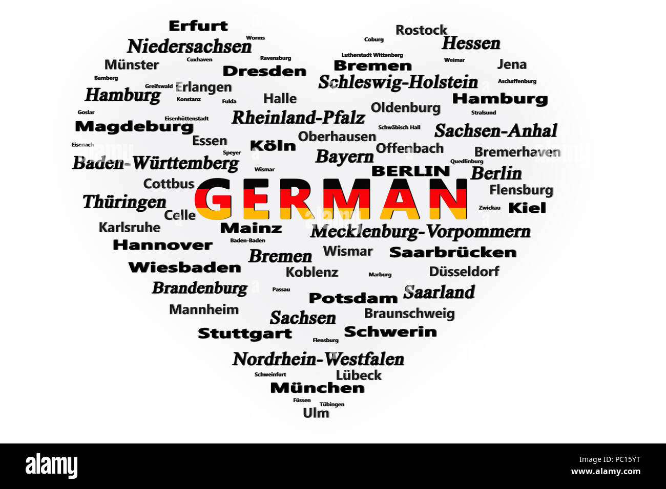 In the contour of the heart is written the word Germany and the cities ...