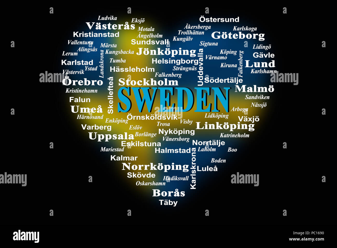 The contour of the heart in the colors of the Swedish flag, the written ...