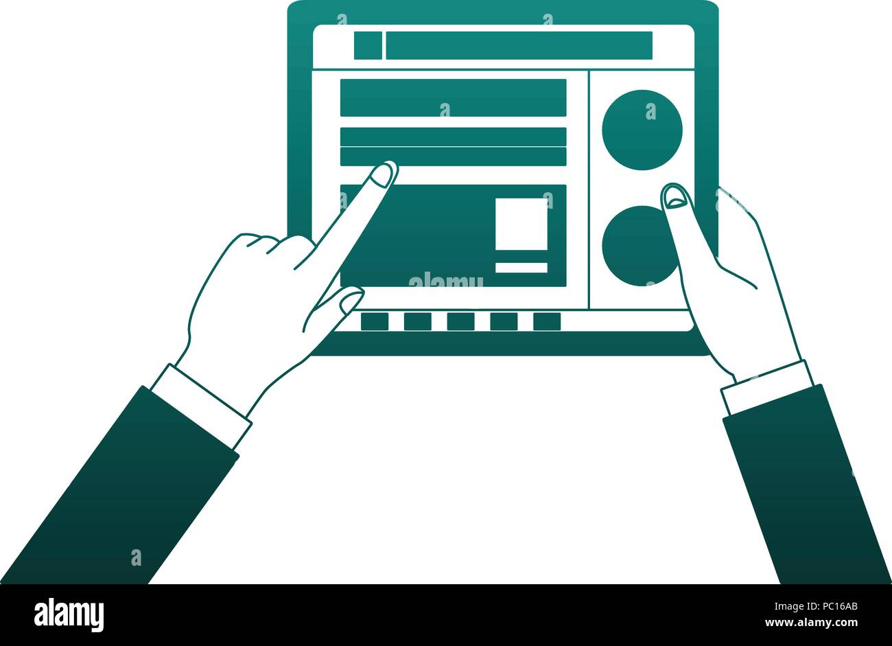 Hands using tablet to check social networks vector illustration graphic ...