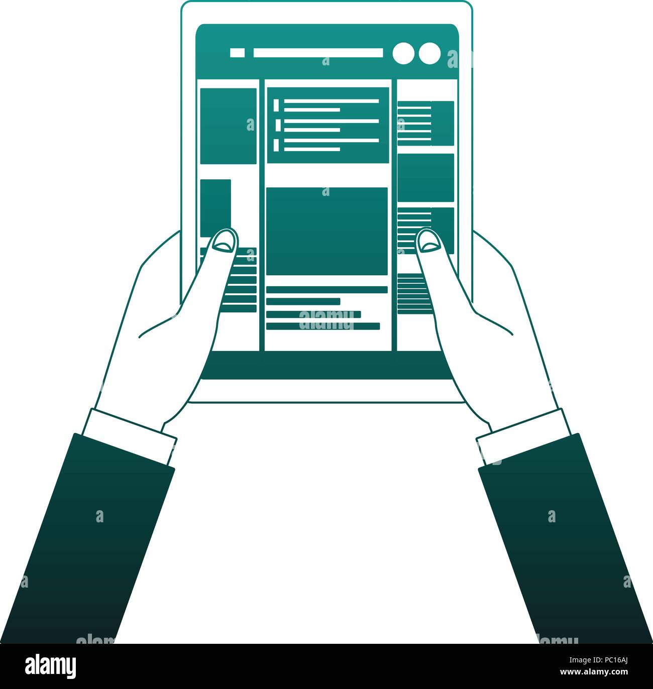 Hands using tablet to check social networks vector illustration graphic ...