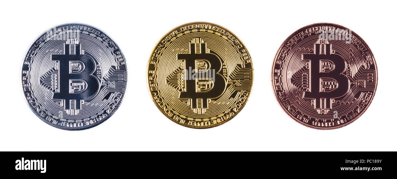set of bitcoin (gold, silver, bronze) isolated on a white background ...