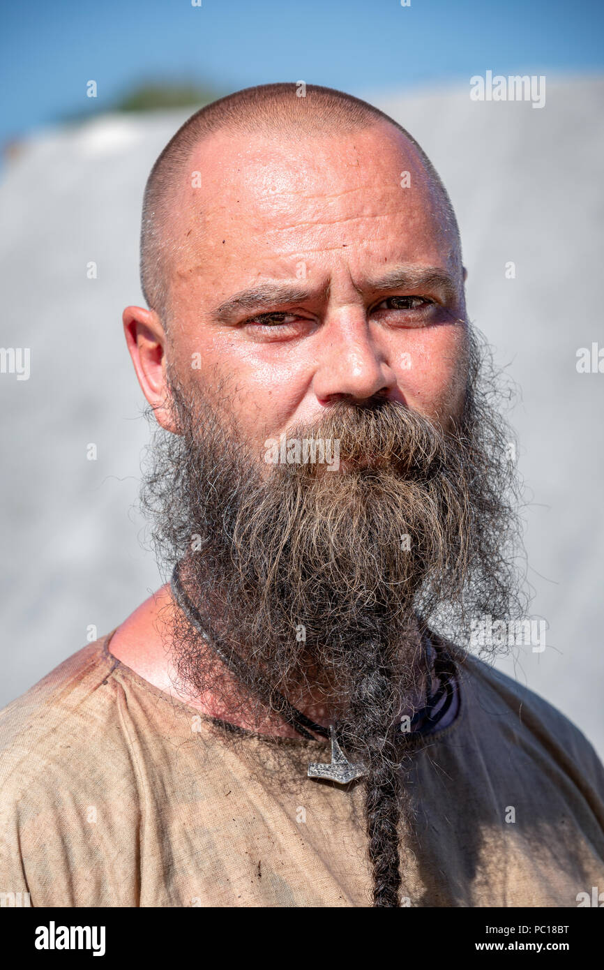 A close-up of a man participating in Moesgaard Viking Moot, Aarhus ...