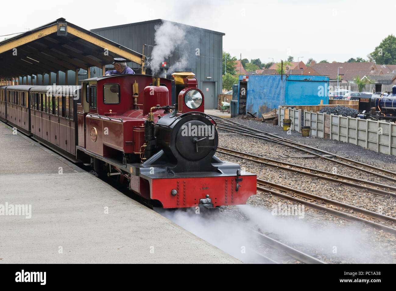 The No. 9 'Mark Timothy' narrow gauge steam locomotive, pulling out of ...