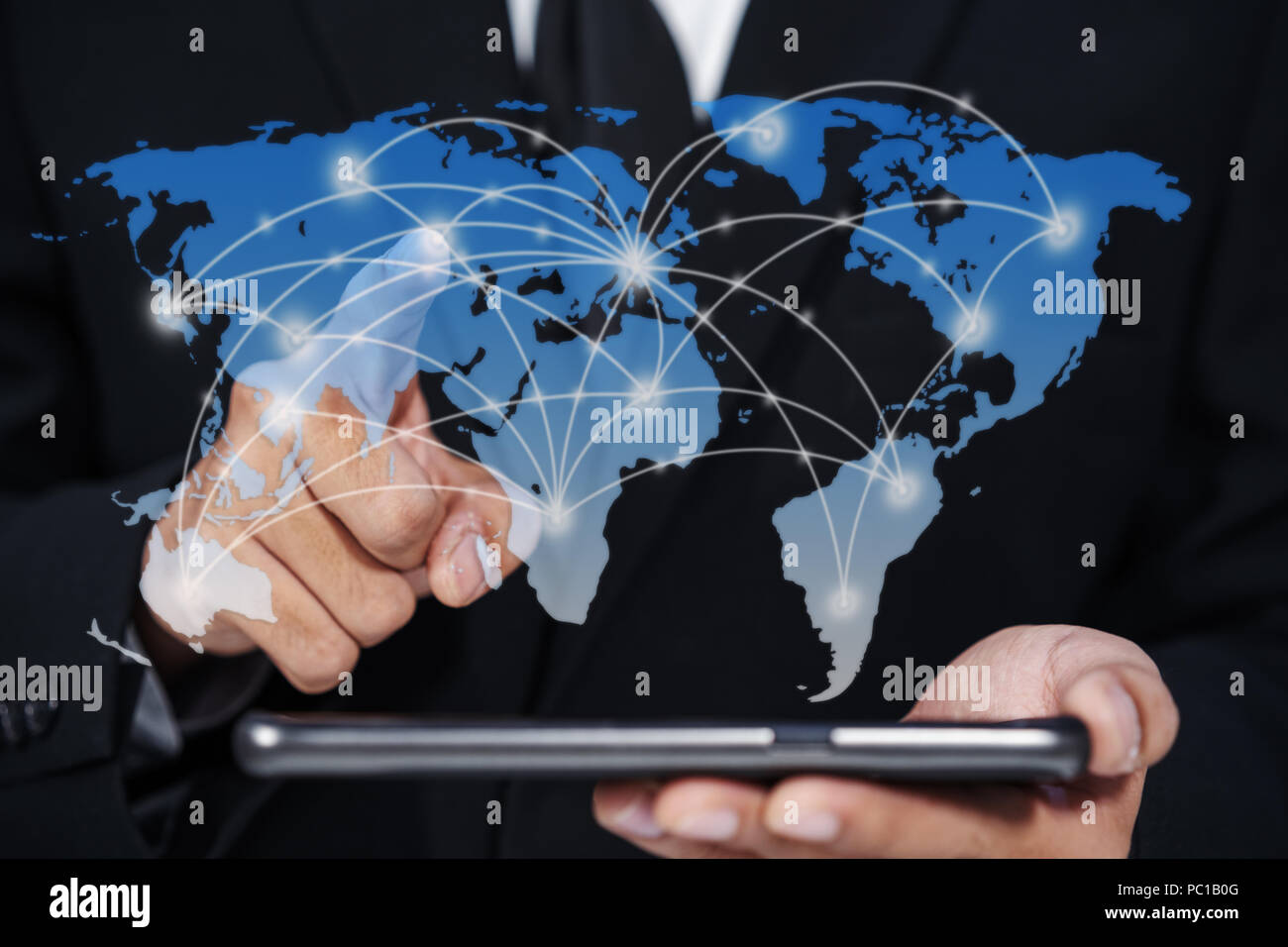 business man using smartphone and hand touching to world map virtual ...
