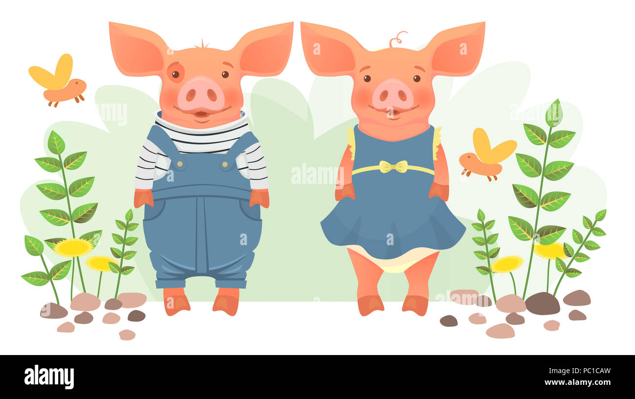Concept of friendship and love. Two pigs in clothes illustration Stock ...