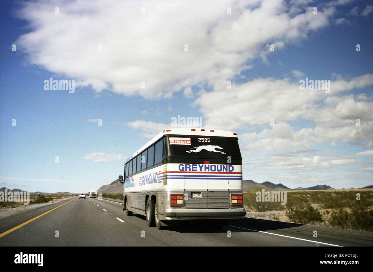 Greyhound bus on the highway, 1990 Stock Photo - Alamy
