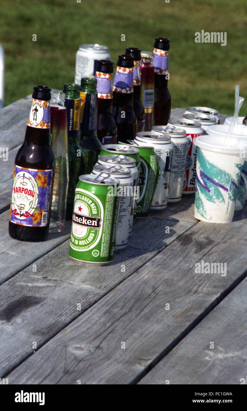 Various empty drink containers on a table in the 1990s Stock Photo - Alamy