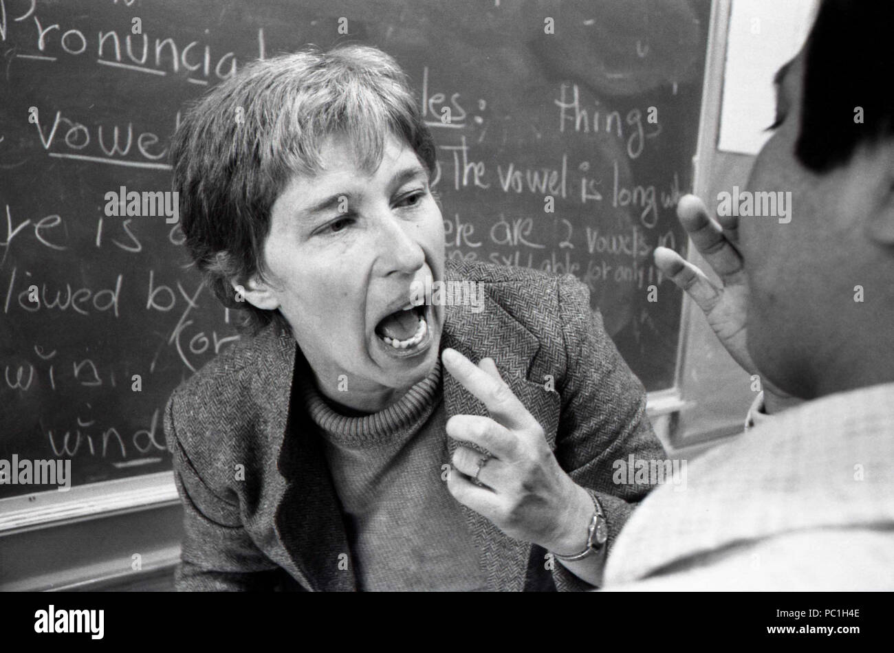 Immigrants learning the English language. Teacher helping her adult ...