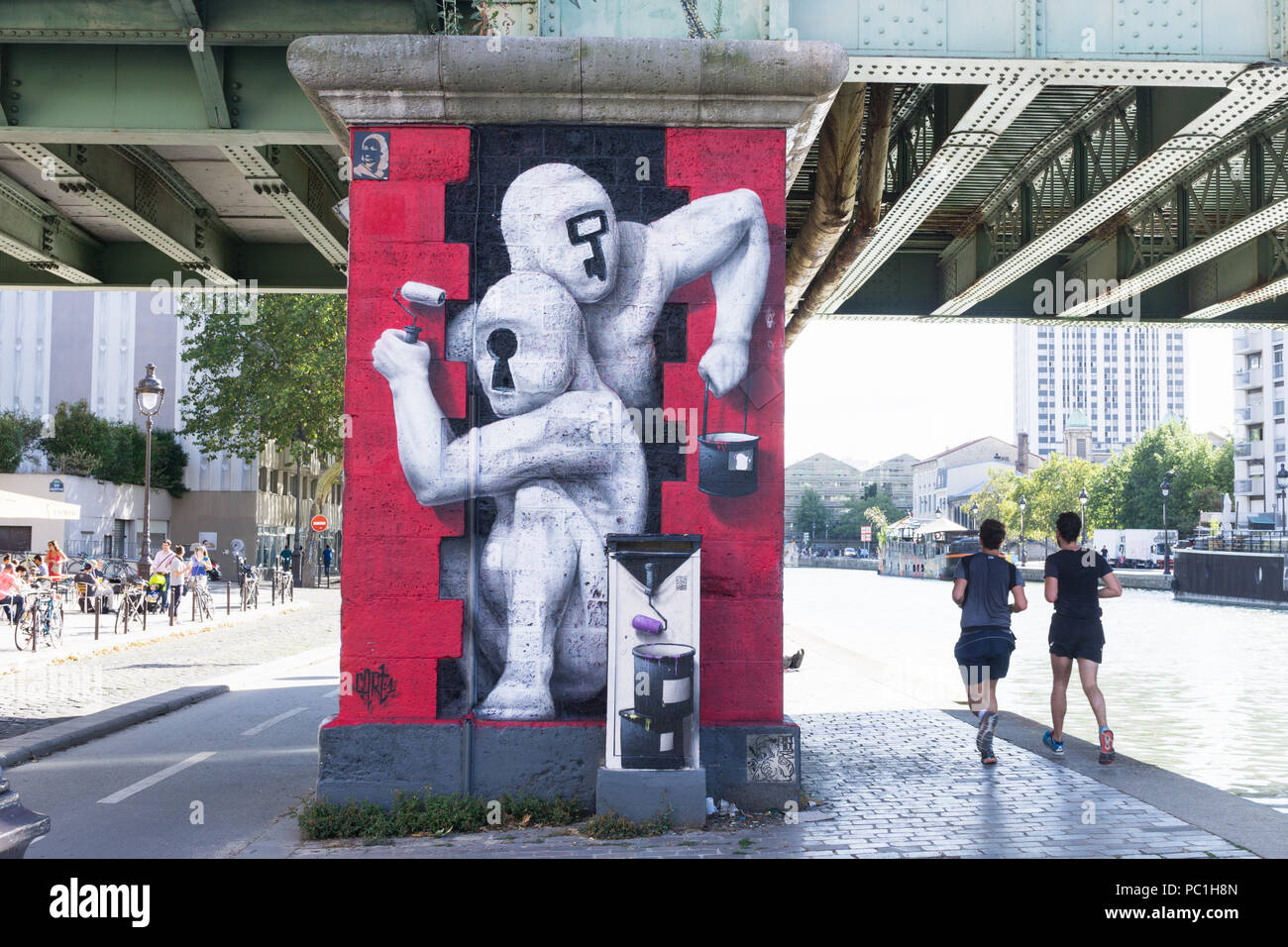 Paris street art - Mural on a pier of a bridge over the Canal Ourcq in ...