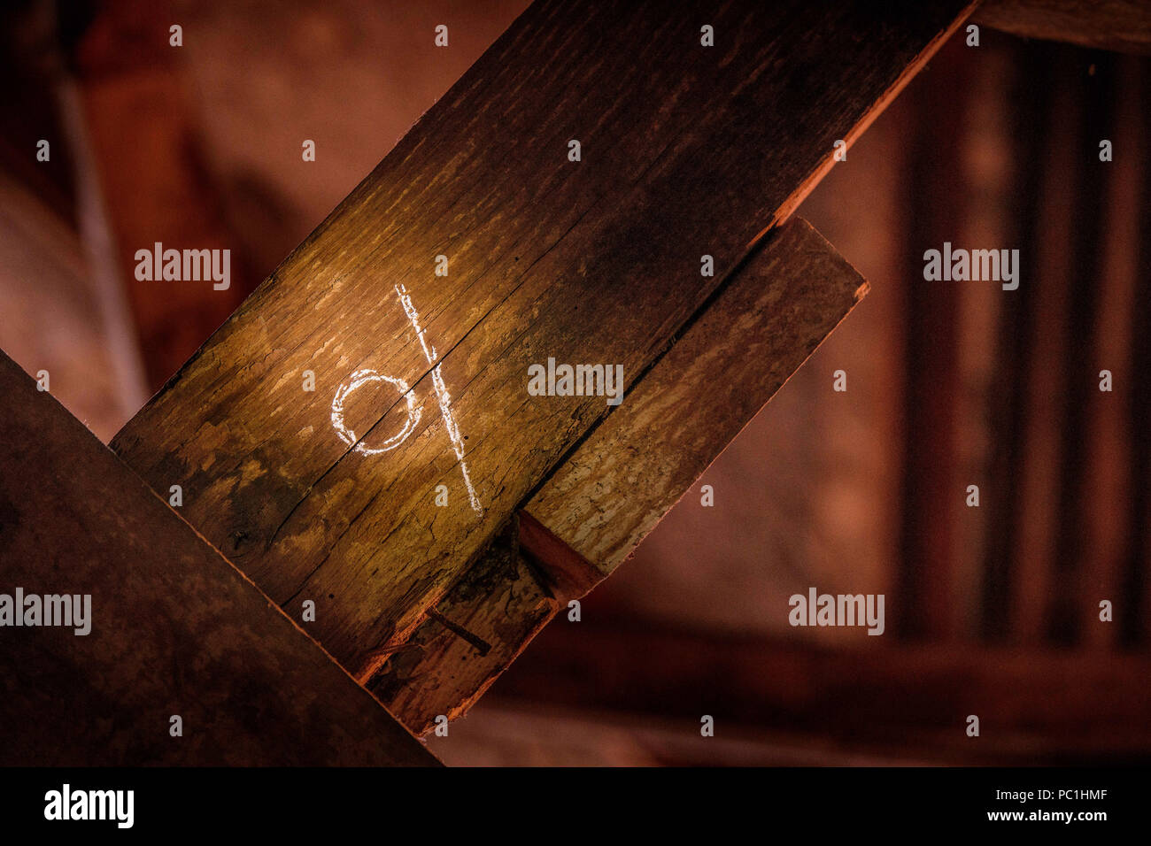 Chalk-marked roof beam at Chichester Cathedral in West Sussex ...