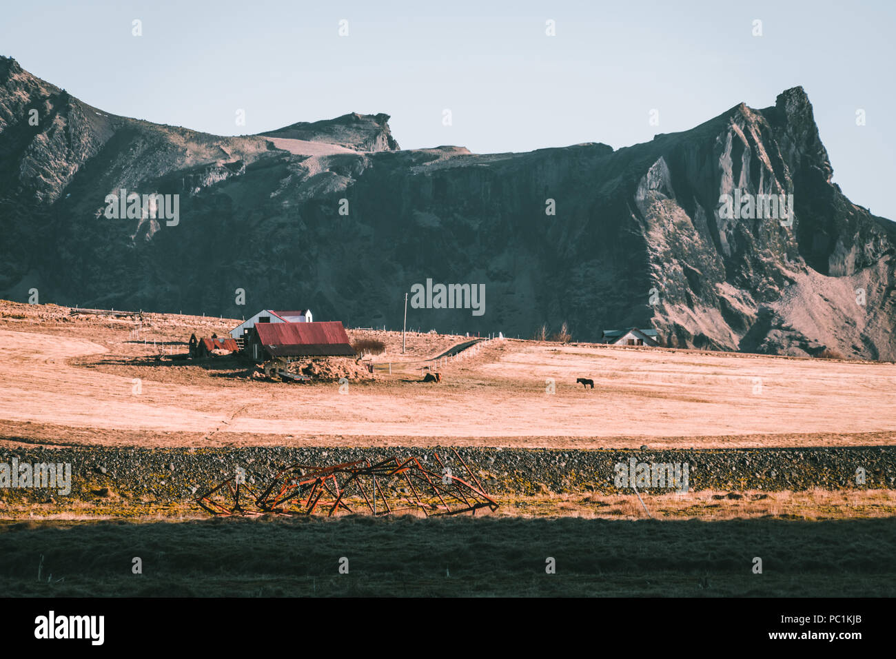 Typical Icelandic landscape with white houses red roof against ...