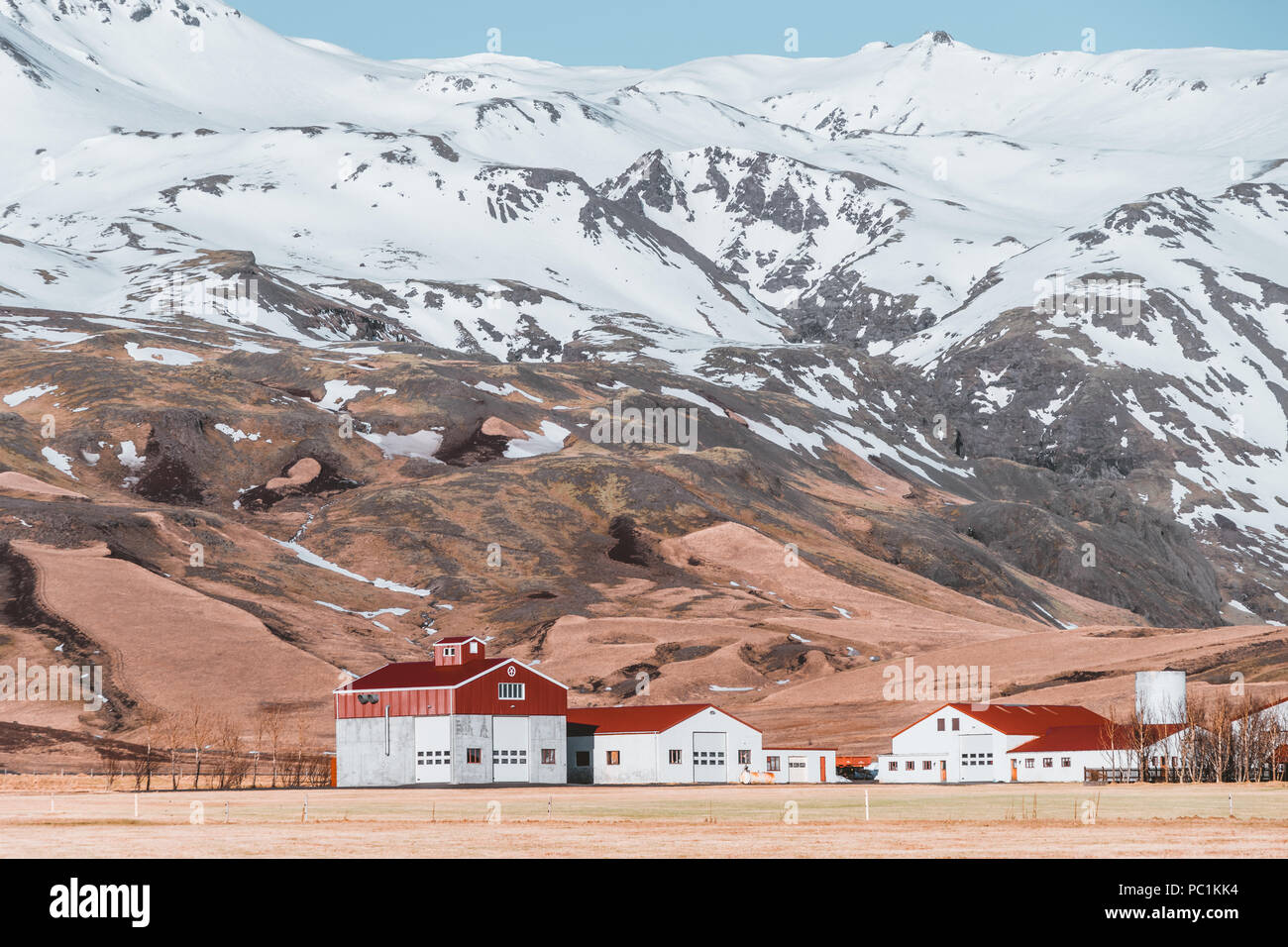 Typical Icelandic landscape with white houses red roof against ...