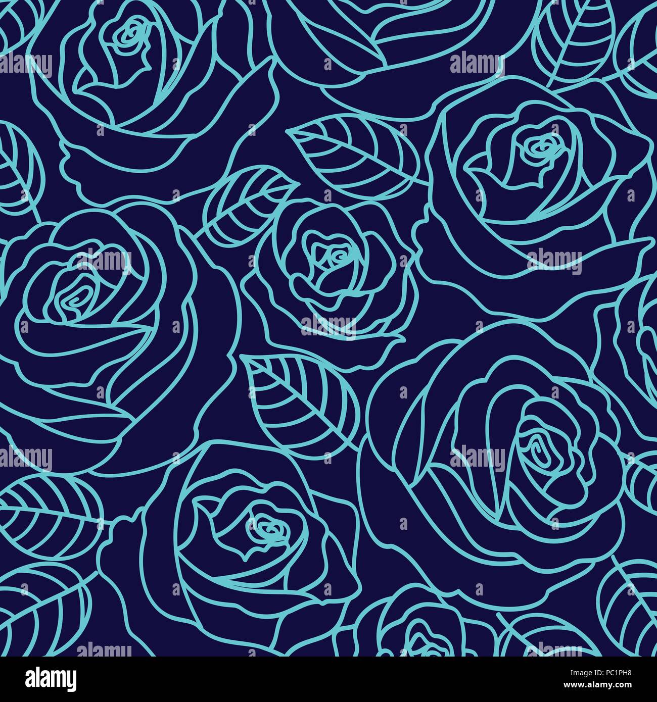 Pale blue vector outline roses on the navy blue background pattern ...